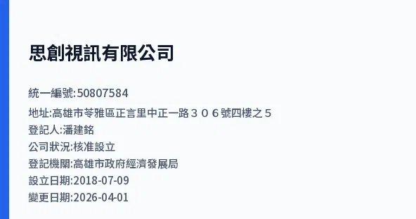思創視訊有限公司的照片-統編 50807584(高雄市) 公司登記資料與營業項目詳細圖表