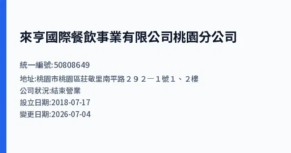來亨國際餐飲事業有限公司桃園分公司的照片-統編 50808649(桃園市) 公司登記資料與營業項目詳細圖表