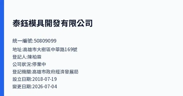 泰鈺模具開發有限公司的照片-統編 50809099(高雄市) 公司登記資料與營業項目詳細圖表