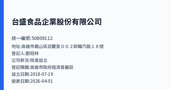 台盛食品企業股份有限公司的照片-統編 50809112(高雄市) 公司登記資料與營業項目詳細圖表