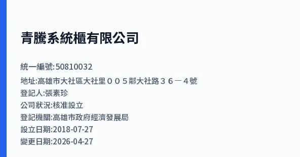 青騰系統櫃有限公司的照片-統編 50810032(高雄市) 公司登記資料與營業項目詳細圖表