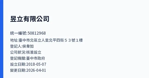 昱立有限公司的照片-統編 50812968(臺中市) 公司登記資料與營業項目詳細圖表