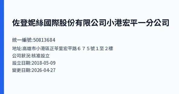 佐登妮絲國際股份有限公司小港宏平一分公司的照片-統編 50813684(高雄市) 公司登記資料與營業項目詳細圖表