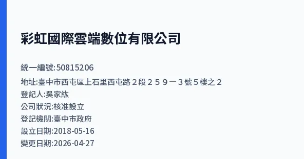 彩虹國際雲端數位有限公司的照片-統編 50815206(臺中市) 公司登記資料與營業項目詳細圖表