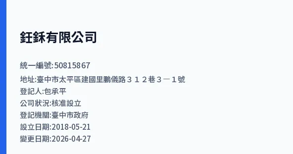 鈓鉌有限公司的照片-統編 50815867(臺中市) 公司登記資料與營業項目詳細圖表
