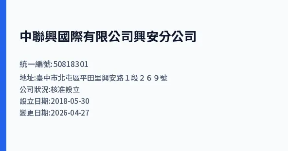 中聯興國際有限公司興安分公司的照片-統編 50818301(臺中市) 公司登記資料與營業項目詳細圖表