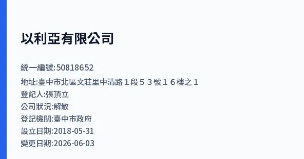 以利亞有限公司的照片-統編 50818652(臺中市) 公司登記資料與營業項目詳細圖表
