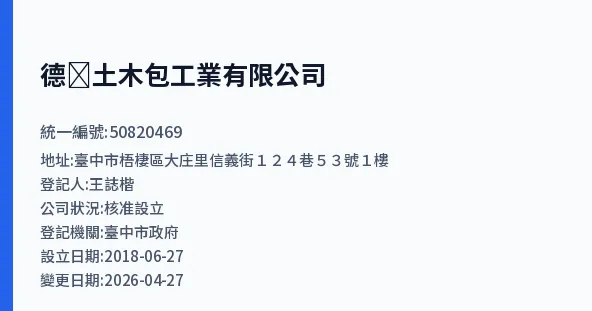 德盁土木包工業有限公司的照片-統編 50820469(臺中市) 公司登記資料與營業項目詳細圖表