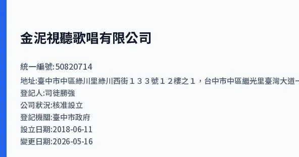 金泥視聽歌唱有限公司的照片-統編 50820714(臺中市) 公司登記資料與營業項目詳細圖表