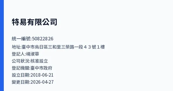 特易有限公司的照片-統編 50822826(臺中市) 公司登記資料與營業項目詳細圖表