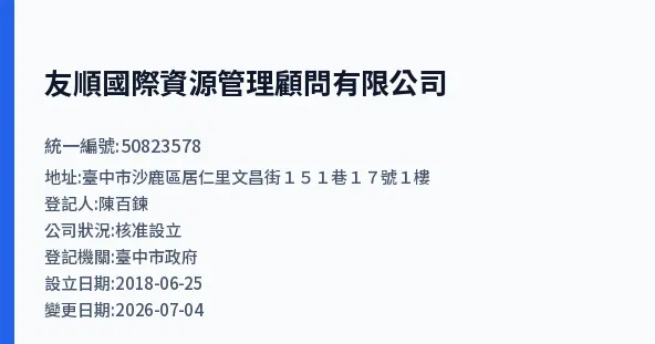 友順國際資源管理顧問有限公司的照片-統編 50823578(臺中市) 公司登記資料與營業項目詳細圖表