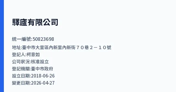 驛廬有限公司的照片-統編 50823698(臺中市) 公司登記資料與營業項目詳細圖表