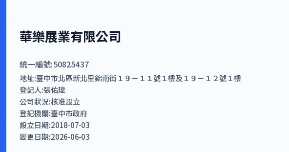 華樂展業有限公司的照片-統編 50825437(臺中市) 公司登記資料與營業項目詳細圖表