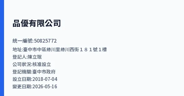 品優有限公司的照片-統編 50825772(臺中市) 公司登記資料與營業項目詳細圖表