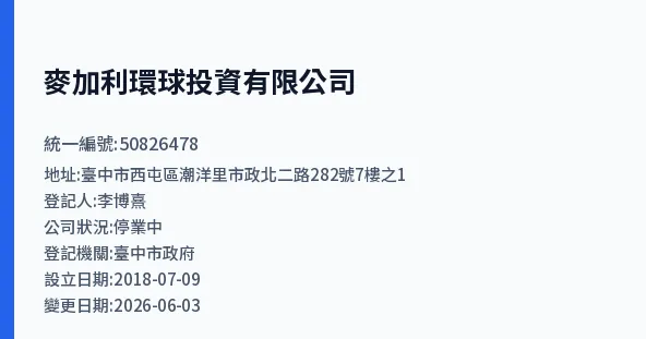 麥加利環球投資有限公司的照片-統編 50826478(臺中市) 公司登記資料與營業項目詳細圖表