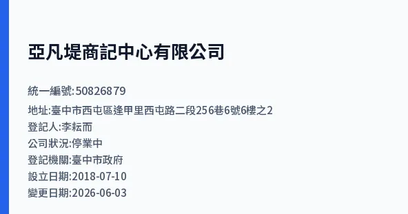 亞凡堤商記中心有限公司的照片-統編 50826879(臺中市) 公司登記資料與營業項目詳細圖表