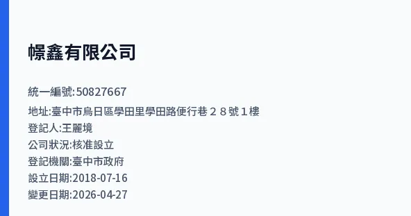 幜鑫有限公司的照片-統編 50827667(臺中市) 公司登記資料與營業項目詳細圖表