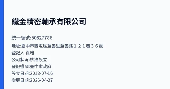 鐵金精密軸承有限公司的照片-統編 50827786(臺中市) 公司登記資料與營業項目詳細圖表