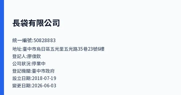 長袋有限公司的照片-統編 50828883(臺中市) 公司登記資料與營業項目詳細圖表
