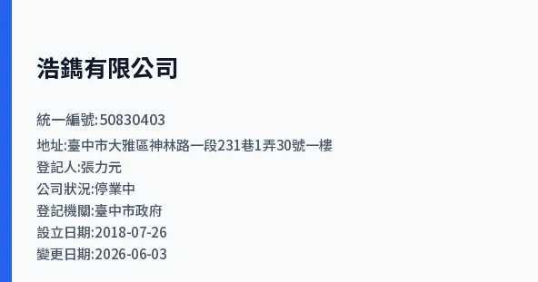 浩鐫有限公司的照片-統編 50830403(臺中市) 公司登記資料與營業項目詳細圖表