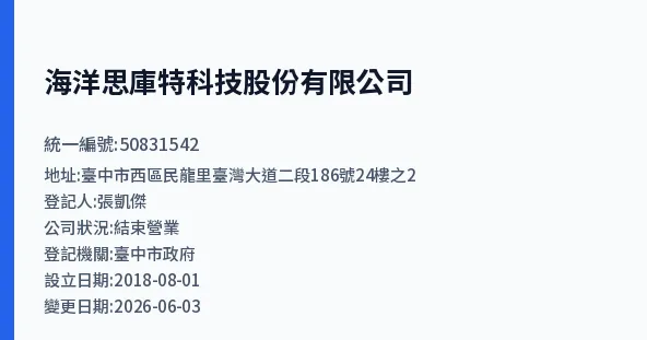 海洋思庫特科技股份有限公司的照片-統編 50831542(臺中市) 公司登記資料與營業項目詳細圖表