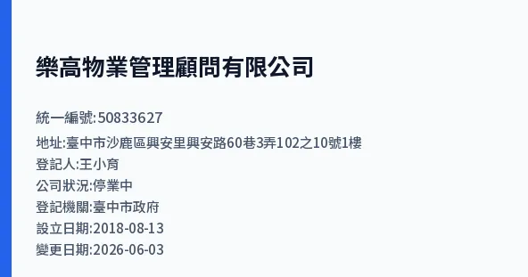 樂高機電工程有限公司的照片-統編 50833627(臺中市) 公司登記資料與營業項目詳細圖表