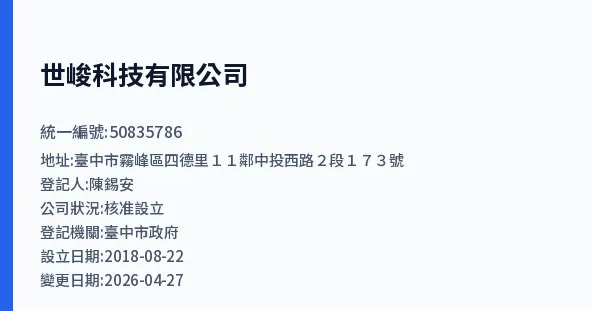 世峻科技有限公司的照片-統編 50835786(臺中市) 公司登記資料與營業項目詳細圖表
