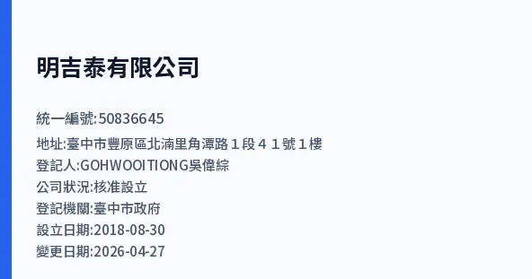 明吉泰有限公司的照片-統編 50836645(臺中市) 公司登記資料與營業項目詳細圖表