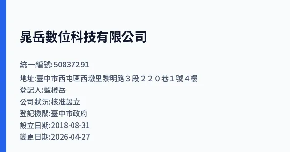 晁岳數位科技有限公司的照片-統編 50837291(臺中市) 公司登記資料與營業項目詳細圖表
