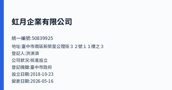 虹月企業有限公司的照片-統編 50839925(臺中市) 公司登記資料與營業項目詳細圖表