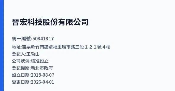 晉宏科技股份有限公司的照片-統編 50841817(苗栗縣) 公司登記資料與營業項目詳細圖表