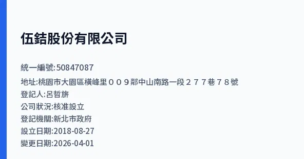 伍銡股份有限公司的照片-統編 50847087(桃園市) 公司登記資料與營業項目詳細圖表