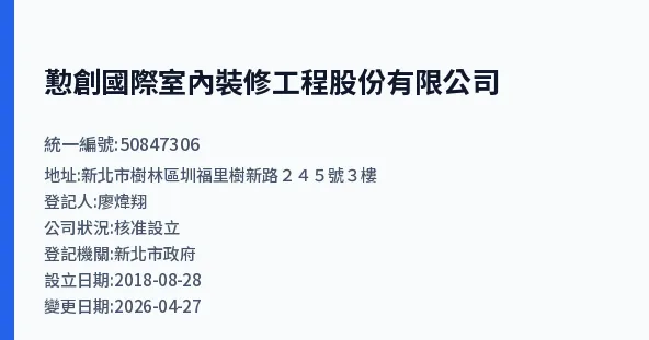 懃創國際室內裝修工程股份有限公司的照片-統編 50847306(新北市) 公司登記資料與營業項目詳細圖表