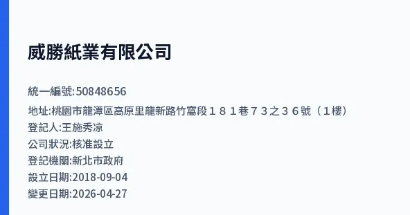 威勝紙業有限公司的照片-統編 50848656(桃園市) 公司登記資料與營業項目詳細圖表