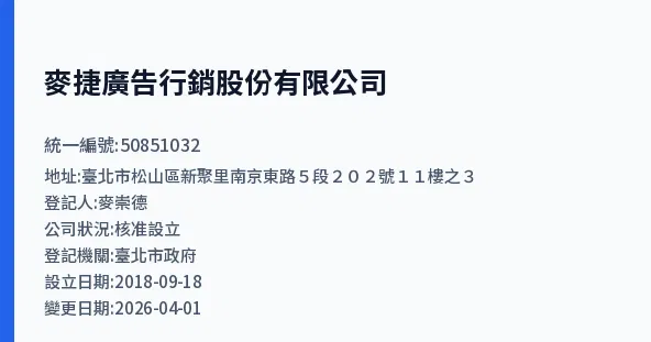 麥捷廣告行銷股份有限公司的照片-統編 50851032(臺北市) 公司登記資料與營業項目詳細圖表