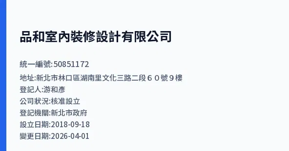 品和室內裝修設計有限公司的照片-統編 50851172(新北市) 公司登記資料與營業項目詳細圖表