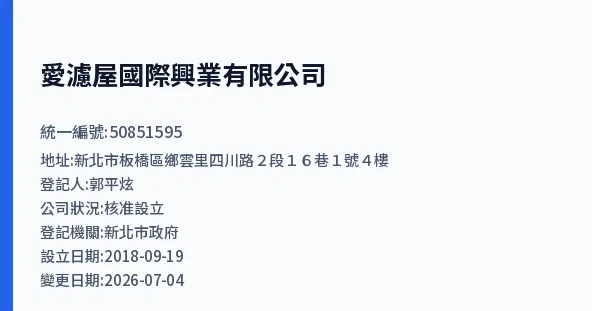 愛濾屋國際興業有限公司的照片-統編 50851595(新北市) 公司登記資料與營業項目詳細圖表
