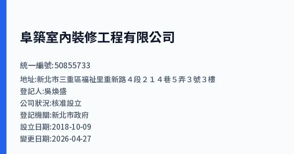 阜築室內裝修工程有限公司的照片-統編 50855733(新北市) 公司登記資料與營業項目詳細圖表