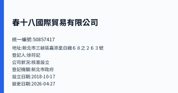 春十八國際貿易有限公司的照片-統編 50857417(新北市) 公司登記資料與營業項目詳細圖表
