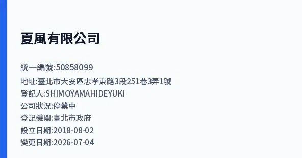 夏風有限公司的照片-統編 50858099(臺北市) 公司登記資料與營業項目詳細圖表