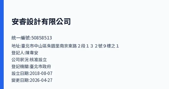 安睿設計有限公司的照片-統編 50858513(臺北市) 公司登記資料與營業項目詳細圖表