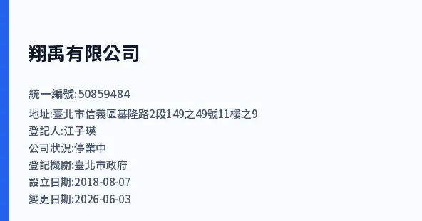 翔禹有限公司的照片-統編 50859484(臺北市) 公司登記資料與營業項目詳細圖表