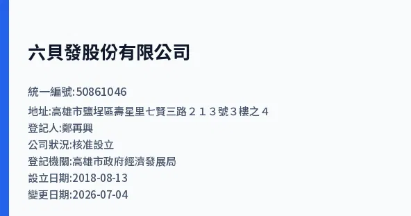六貝發股份有限公司的照片-統編 50861046(高雄市) 公司登記資料與營業項目詳細圖表