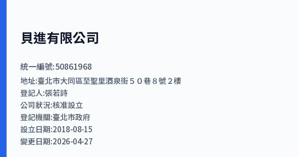 貝進有限公司的照片-統編 50861968(臺北市) 公司登記資料與營業項目詳細圖表