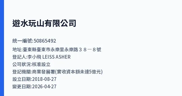 遊水玩山有限公司的照片-統編 50865492(臺東縣) 公司登記資料與營業項目詳細圖表