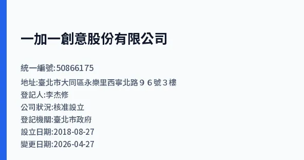 一加一創意股份有限公司的照片-統編 50866175(臺北市) 公司登記資料與營業項目詳細圖表