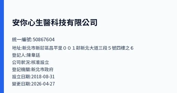 安你心生醫科技有限公司的照片-統編 50867604(新北市) 公司登記資料與營業項目詳細圖表