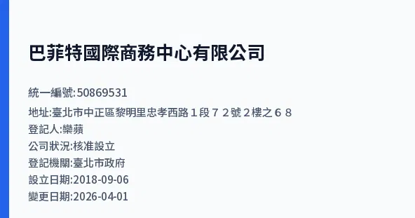 巴菲特國際商務中心有限公司的照片-統編 50869531(臺北市) 公司登記資料與營業項目詳細圖表