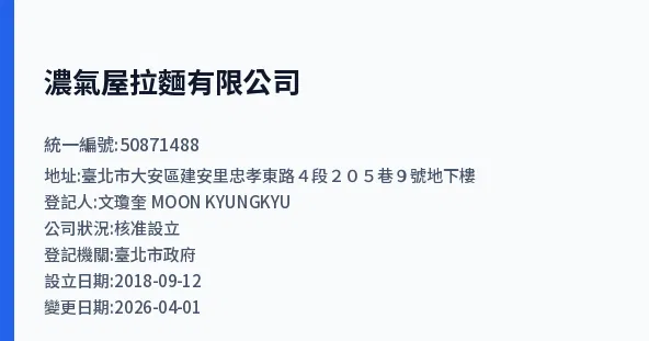 濃氣屋拉麵有限公司的照片-統編 50871488(臺北市) 公司登記資料與營業項目詳細圖表
