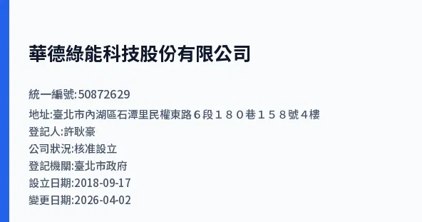 華德綠能科技股份有限公司的照片-統編 50872629(臺北市) 公司登記資料與營業項目詳細圖表